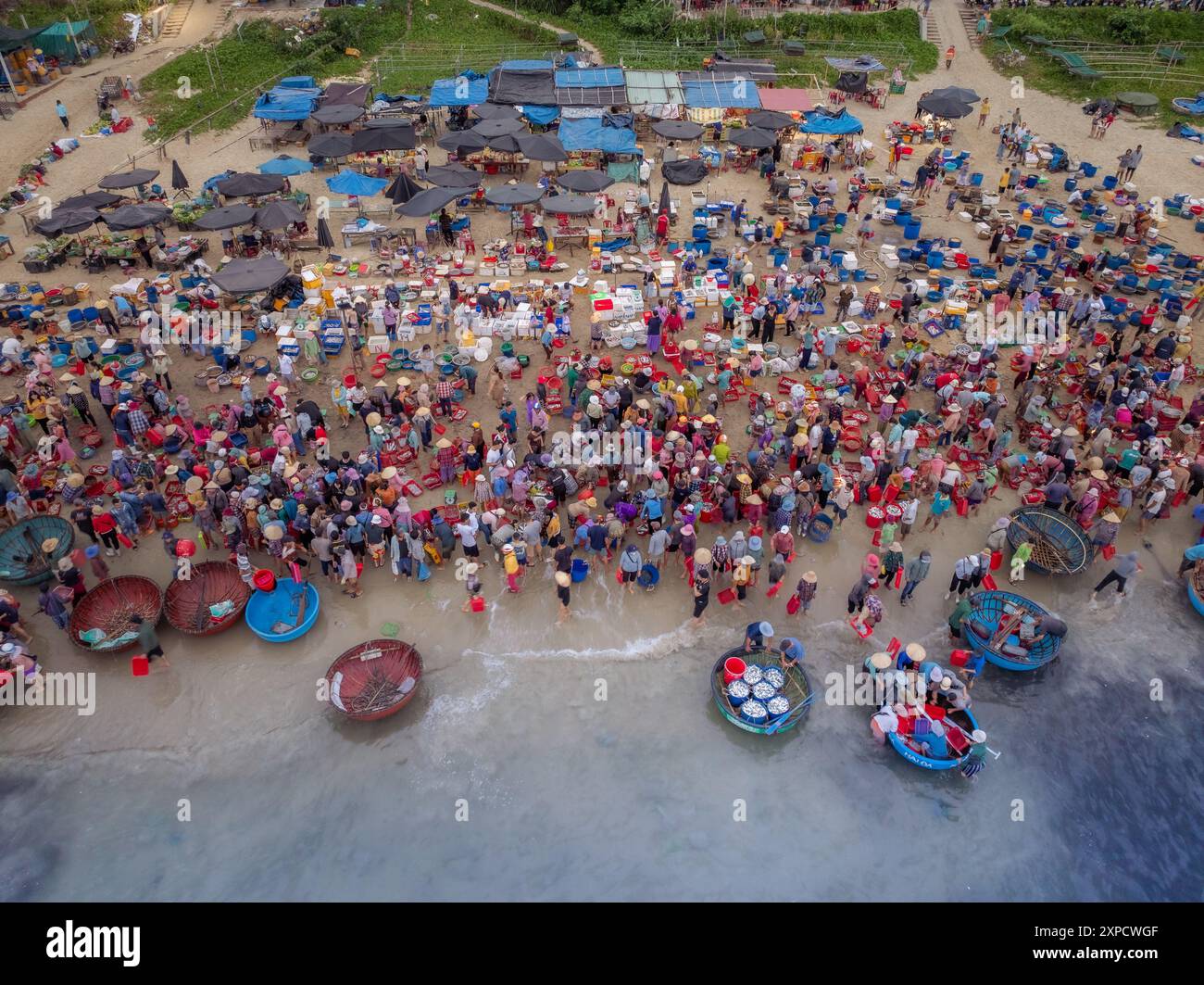 Aerial view of Tam Tien beach and fish market, Tam Ky, Quang Nam ...
