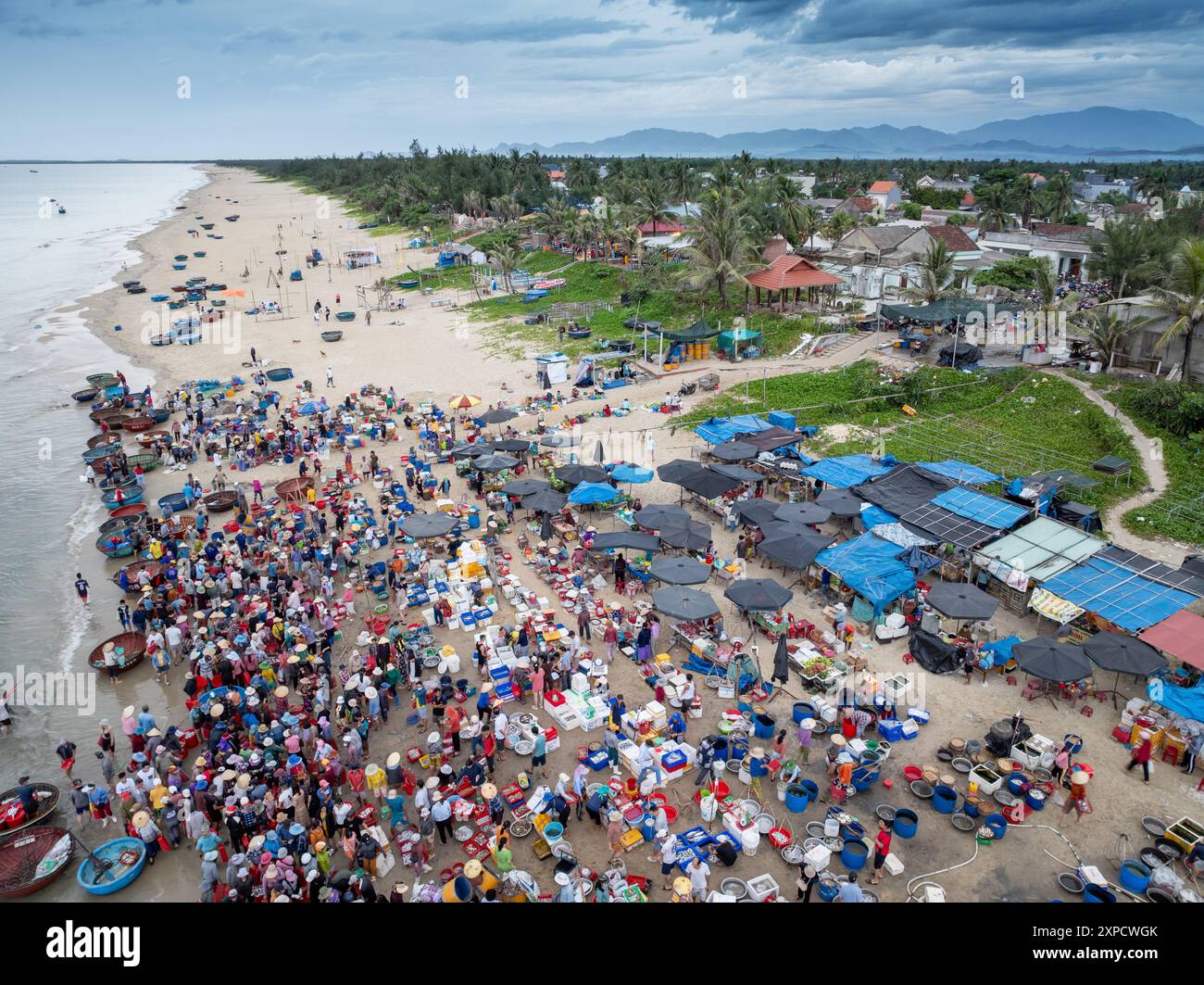 Aerial view of Tam Tien beach and fish market, Tam Ky, Quang Nam ...