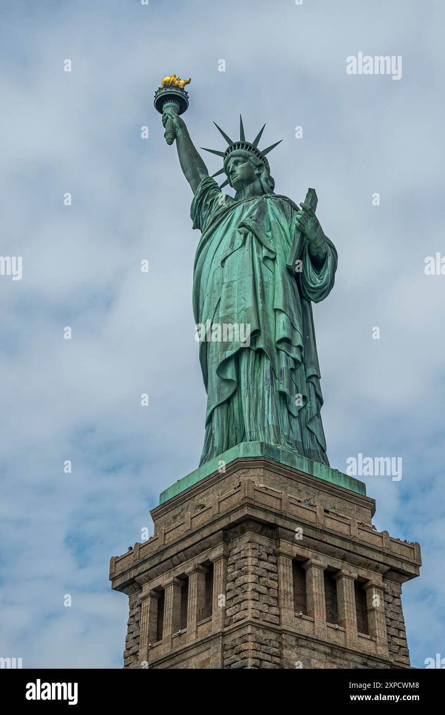New York, NY, USA - August 4, 2023: Miss Liberty statue from under ...
