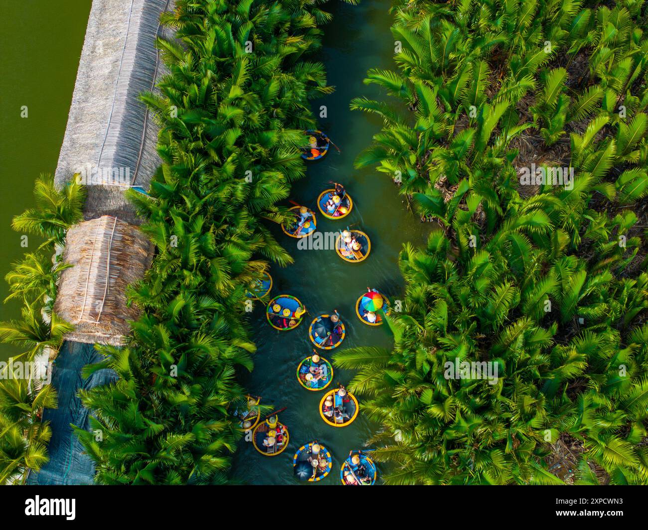 Aerial view of a coconut village basket boat tour. Palms forest in Hoi ...