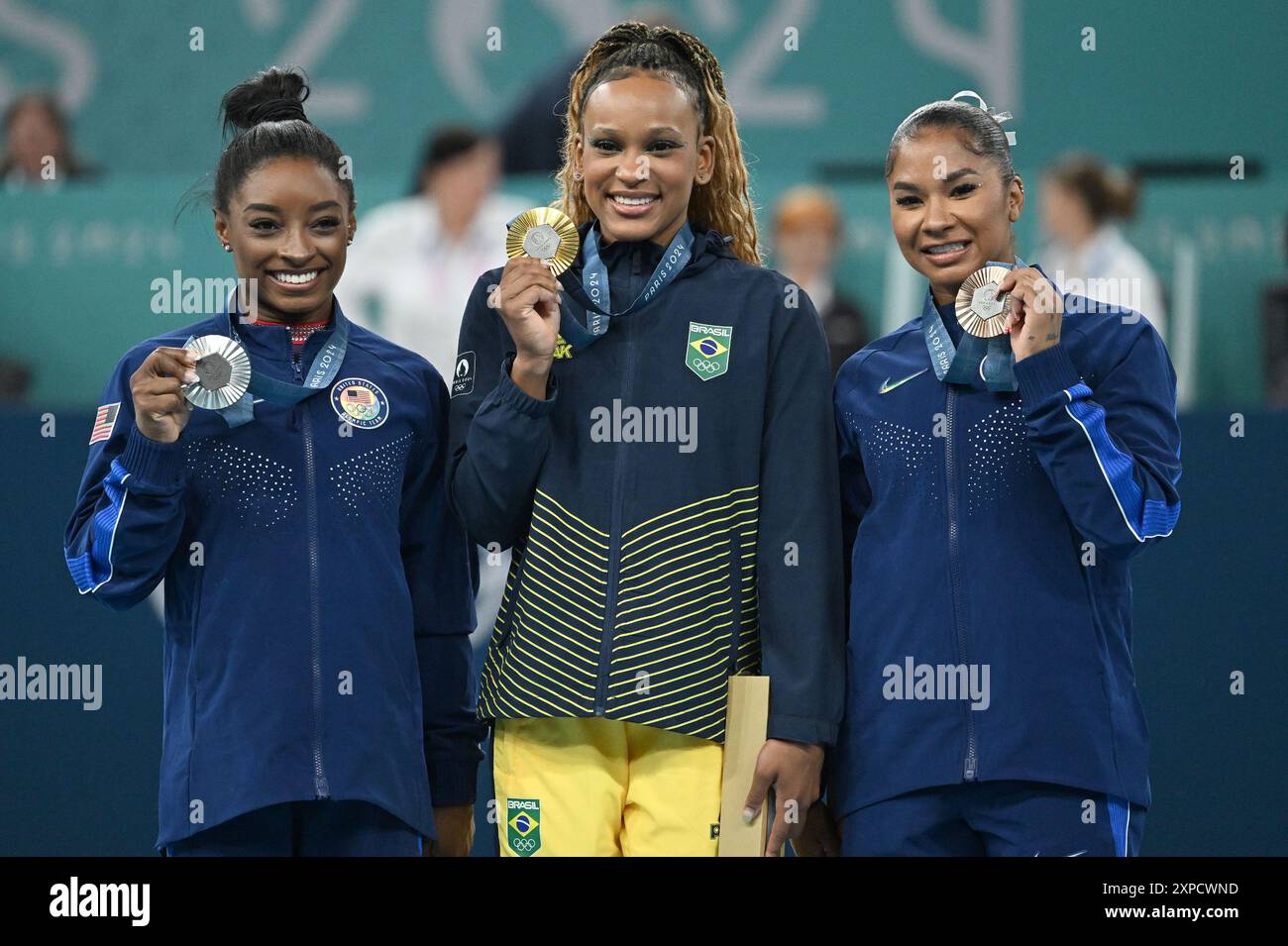 Paris, Fra. 05th Aug, 2024. Team USA gymnast Simone Biles, Team Brazil ...