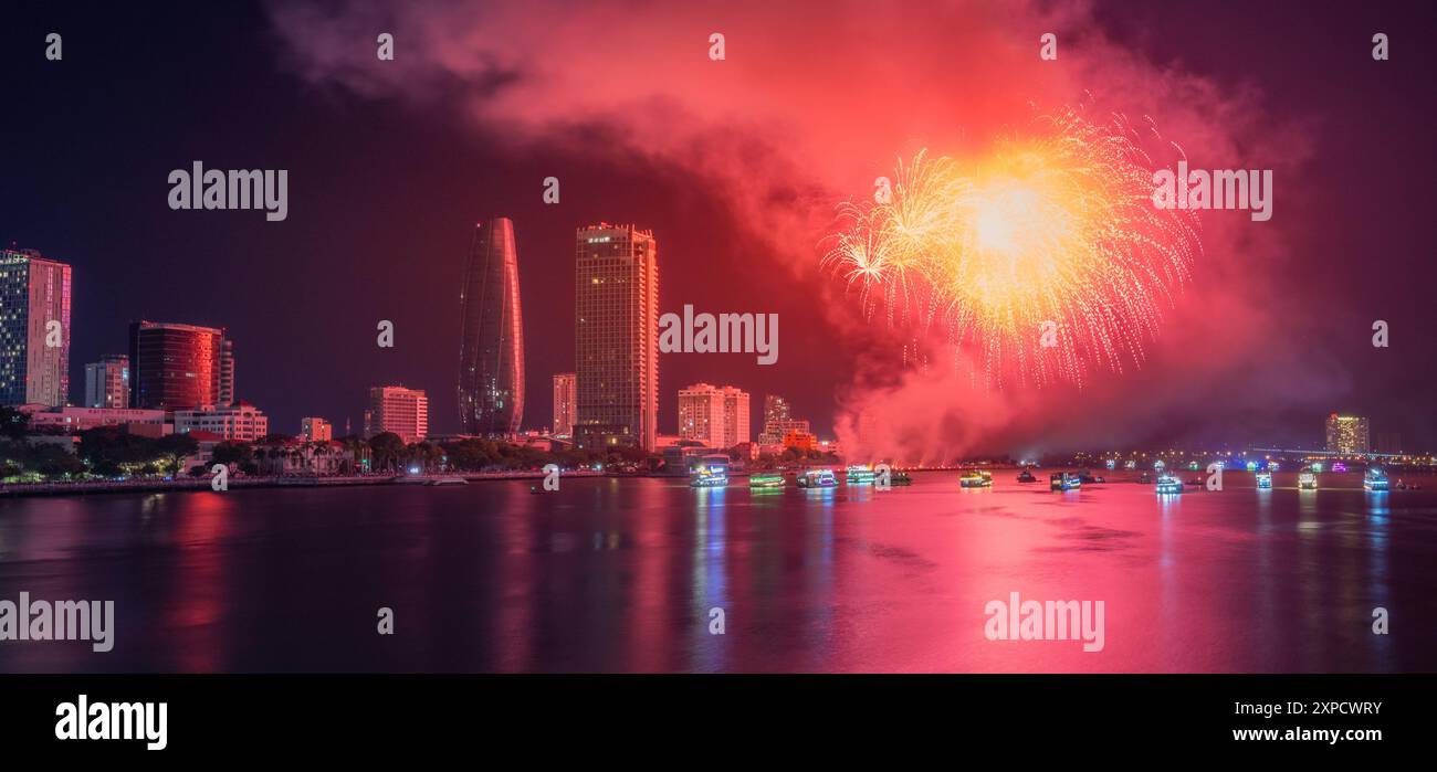 Da Nang city, Vietnam - 13 Jul 2024: Skyline with fireworks light up ...