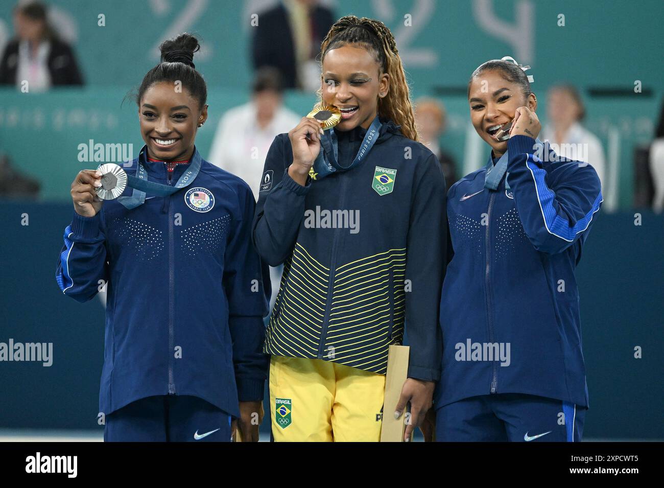 Paris, Fra. 05th Aug, 2024. Team USA gymnast Simone Biles, Team Brazil ...