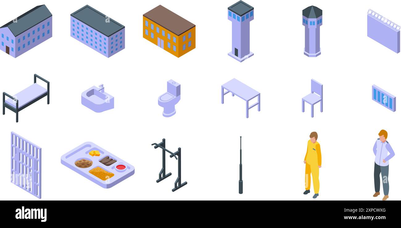 Prison building icons set. Prison life isometric icons set illustrating ...