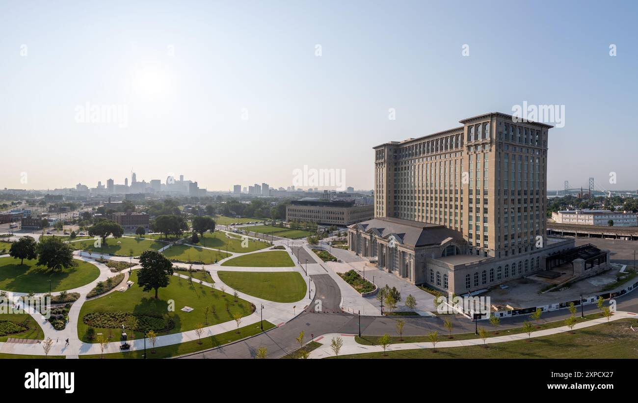 An aerial view of the Michigan Central Station and surrounding park in ...