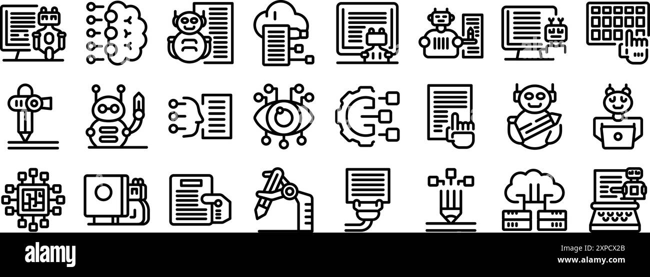 Robot-writer icons set. Set of icons representing artificial ...