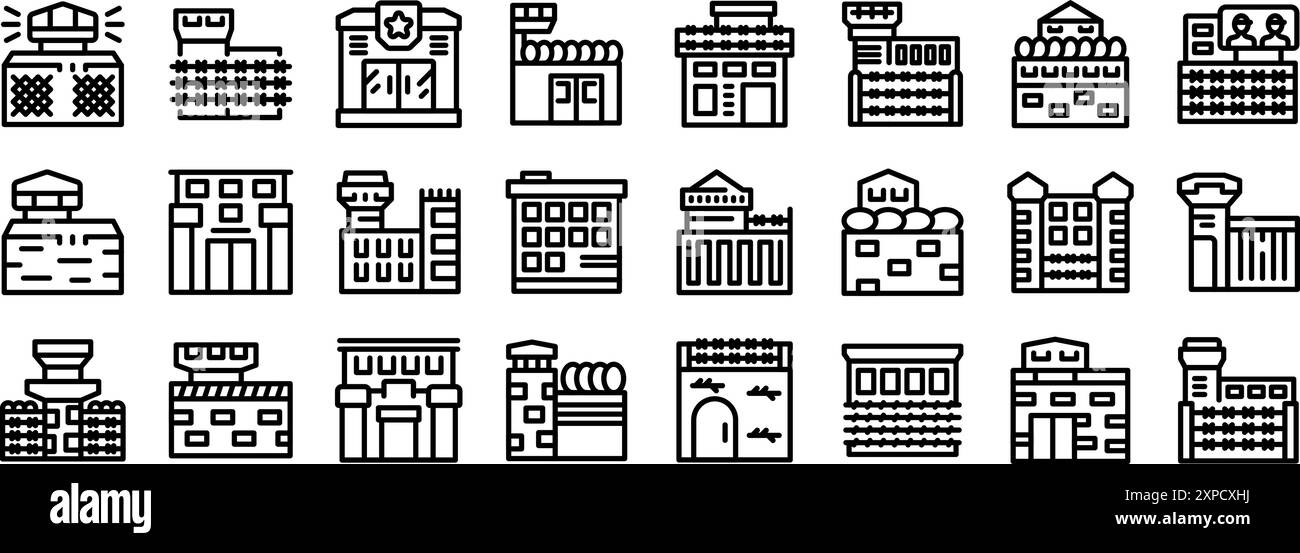 Prison building icons set. Prison building exterior facade line icons ...