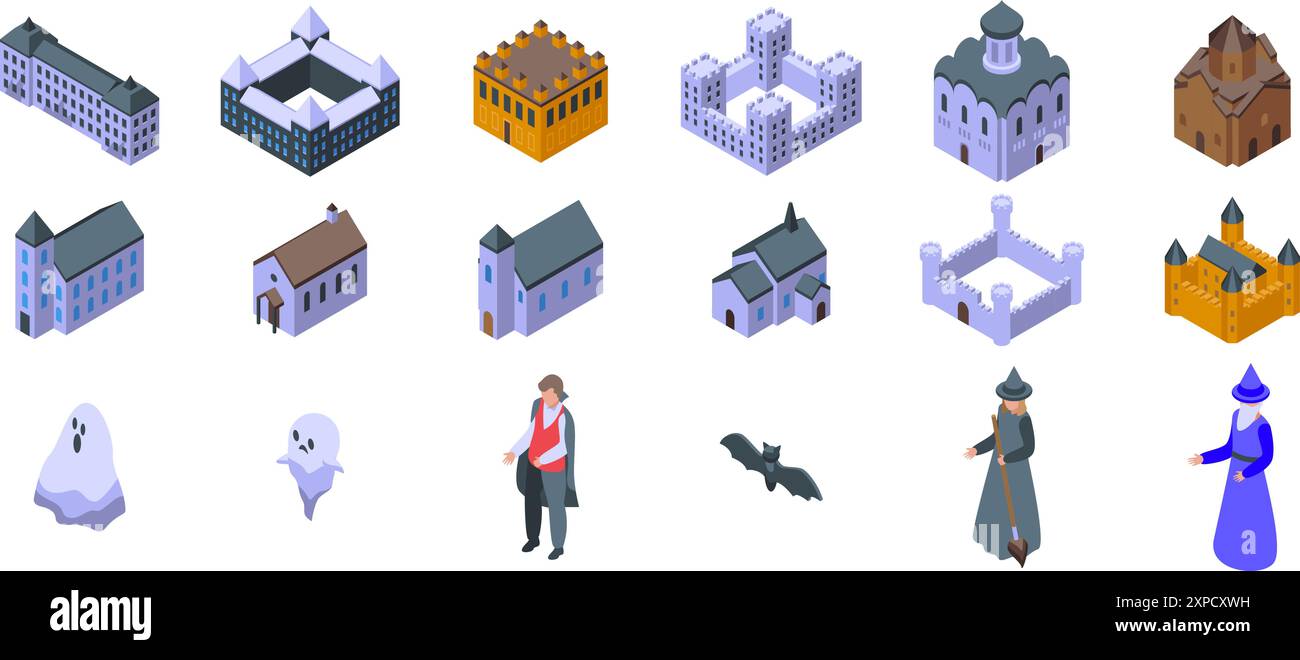 Old castle ghosts icons set. Isometric set of icons including different ...