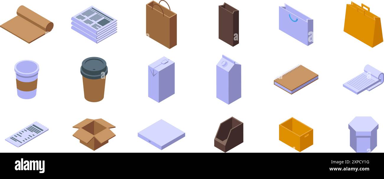 Paper litter icons set. Cardboard paper waste garbage trash recycling ...