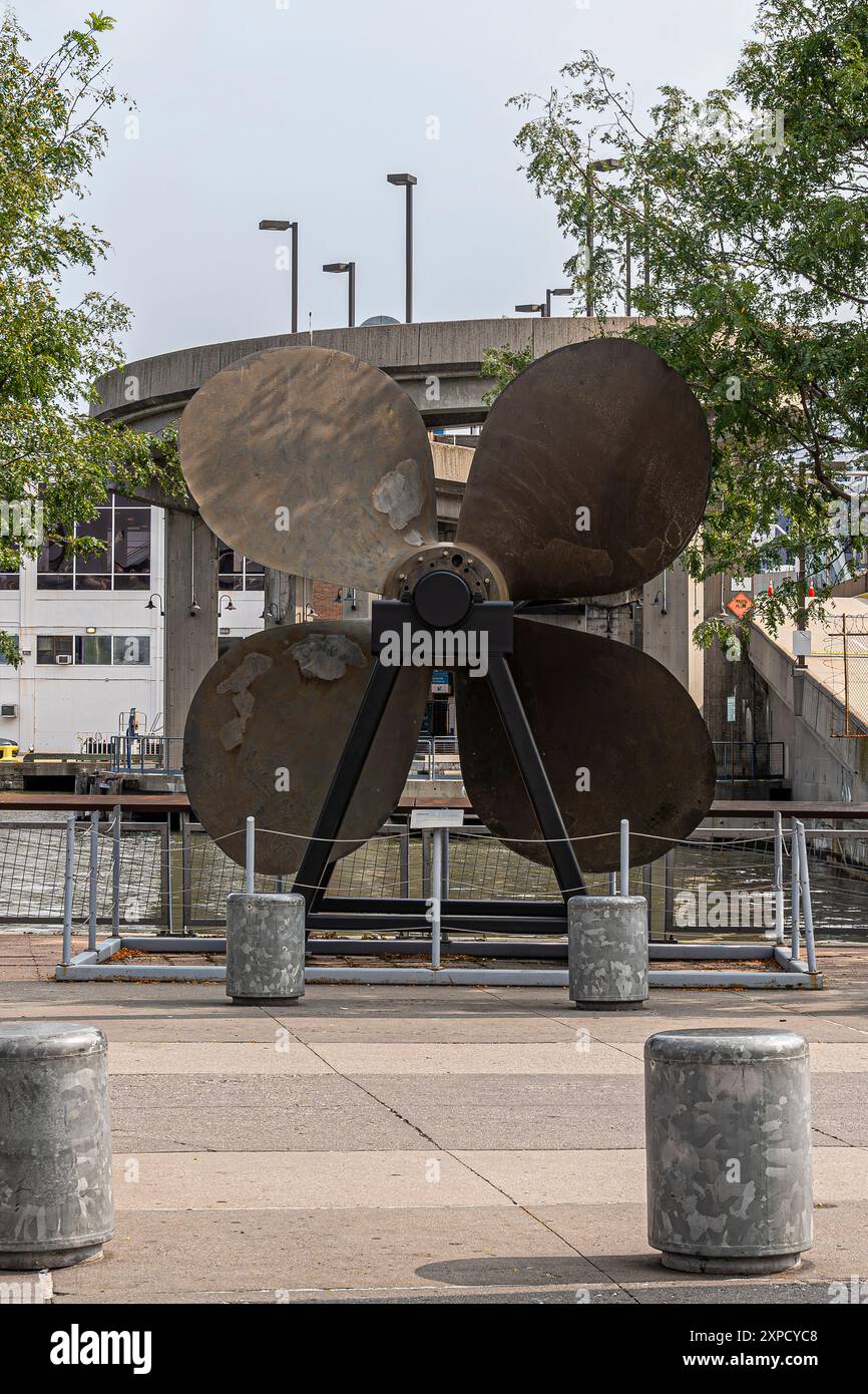 New York, NY, USA - August 3, 2023: Giant ship propeller on display at ...