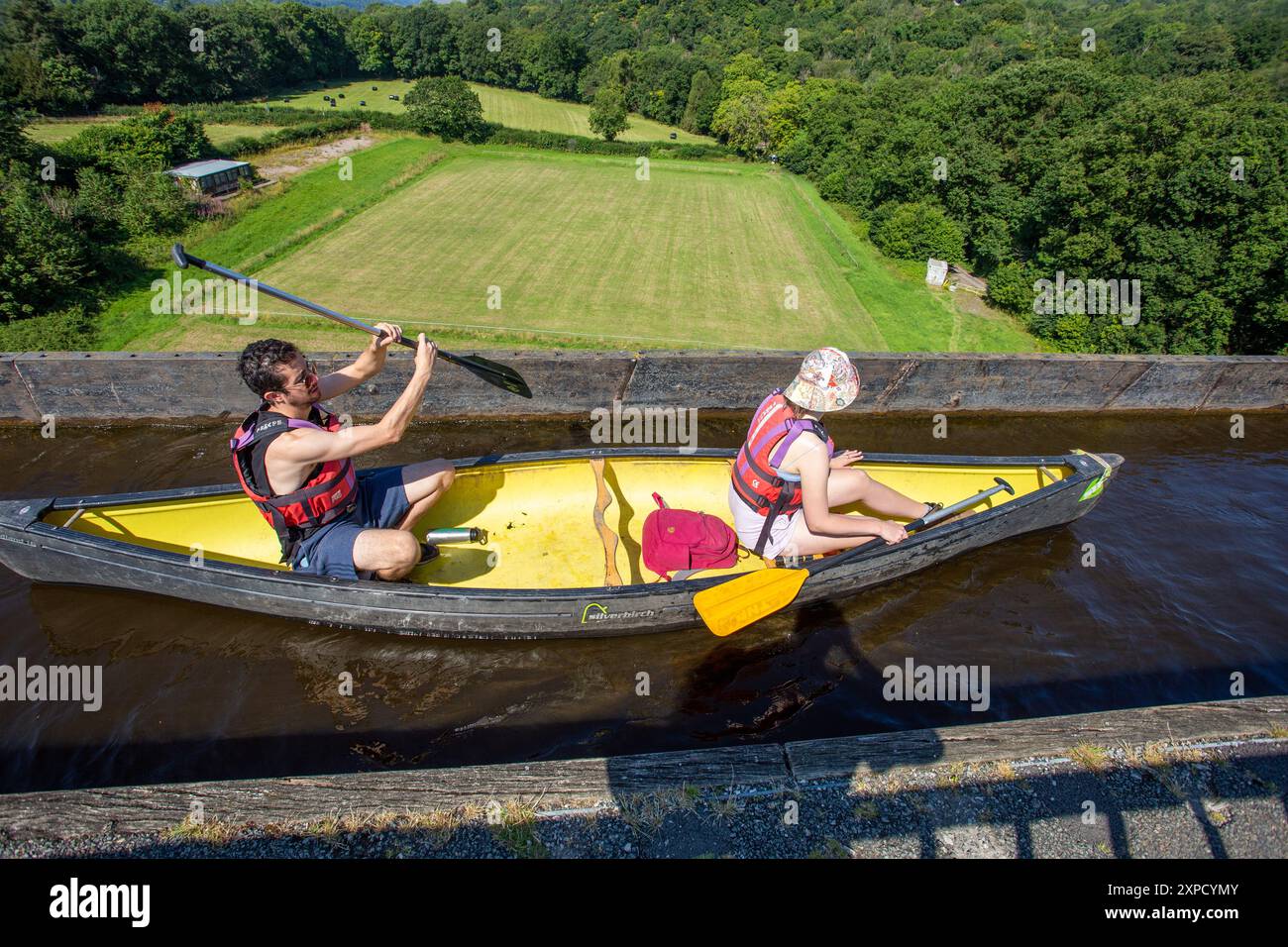 Kayak Canoe crossing 38 meters above the river Dee valley on the ...