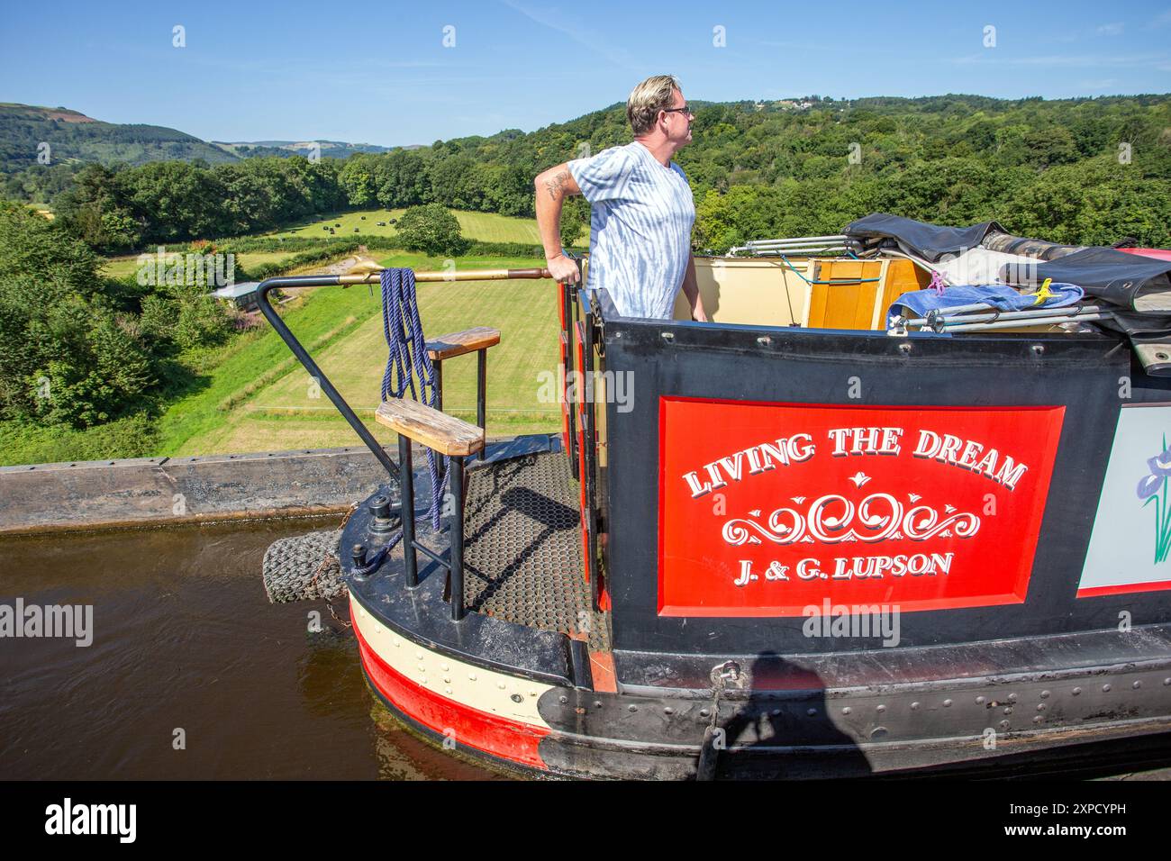 Canal narrowboat crossing 38 meters high above the Dee valley on the ...