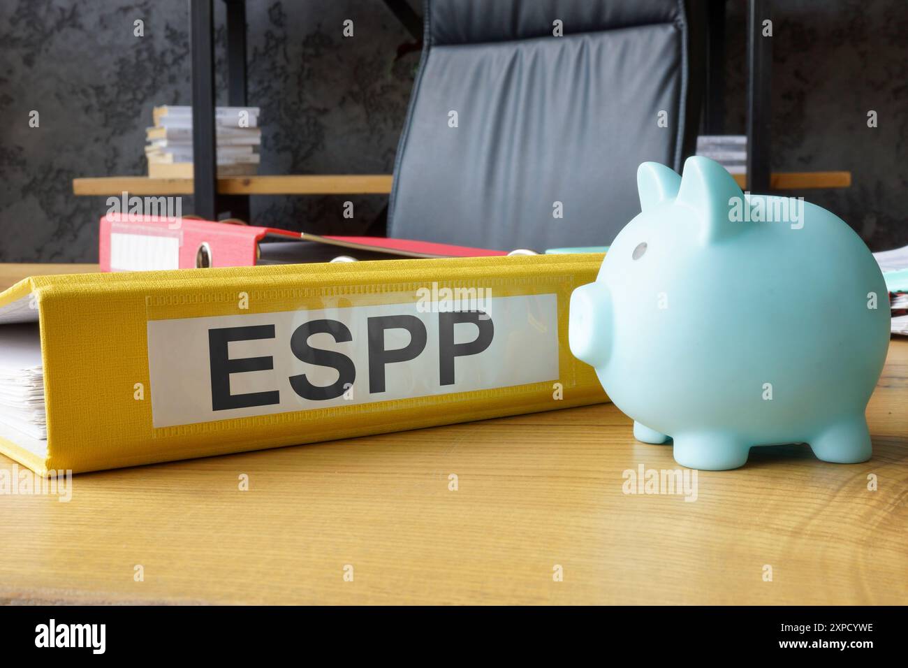 Piggy bank and folder with employee stock purchase plan ESPP Stock ...