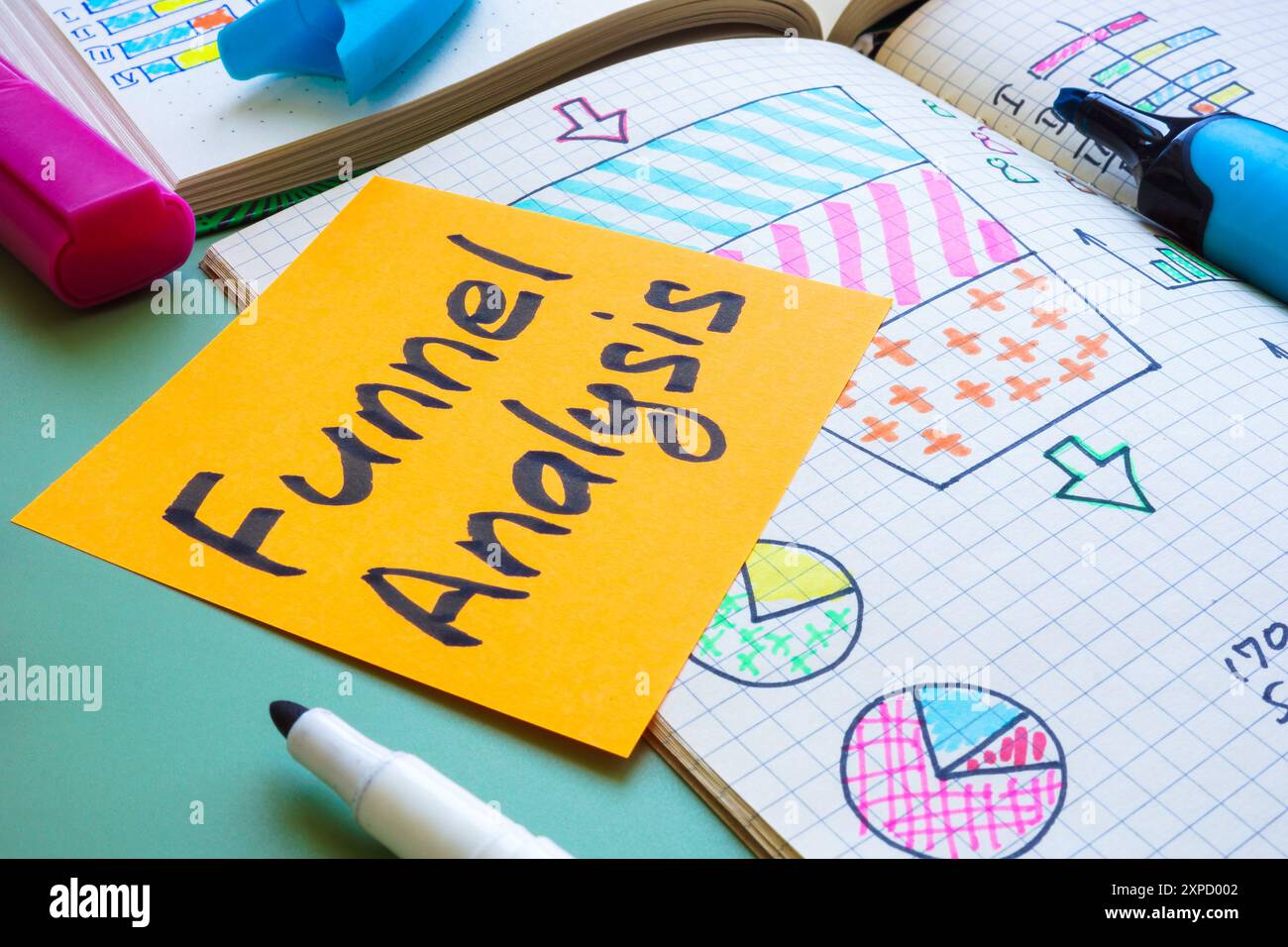 Marketing charts, graphs and funnel analysis mark Stock Photo - Alamy