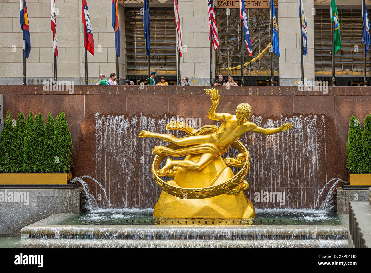 New York, NY, USA - August 3, 2023: Frontal closeup. Prometheus statue ...