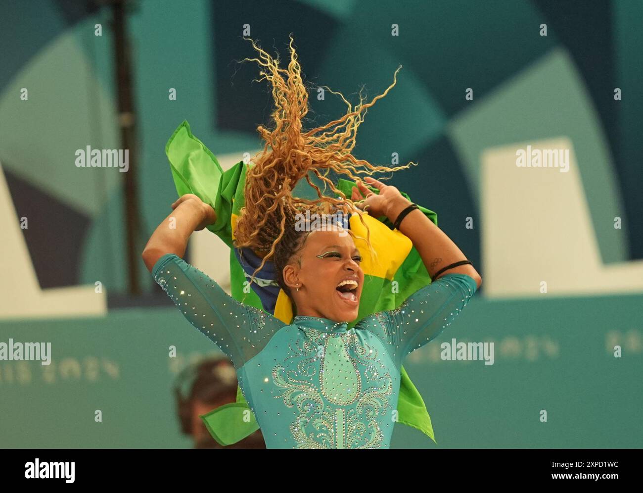Paris, France. 5 August, 2024. Rebeca Andrade (Brazil) celebrate during ...