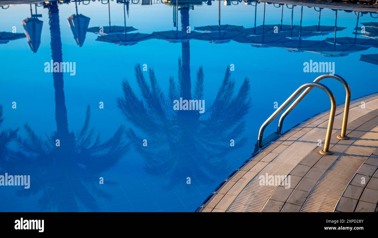 descent, ladder in the pool, reflection of palm trees in blue water ...