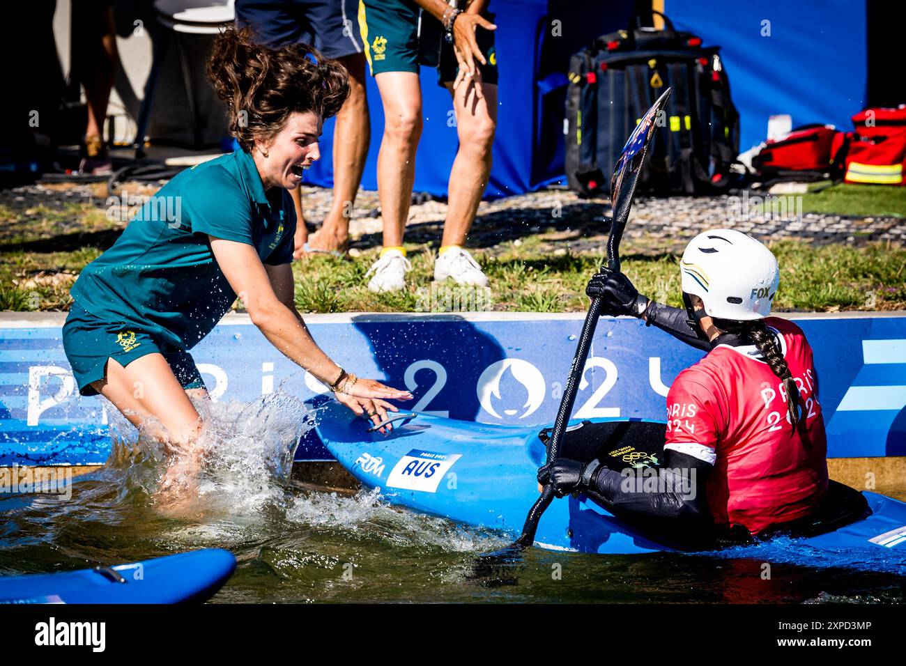 From left Jessica Fox and Noemie Fox of Australia celebrates Neomie Fox ...