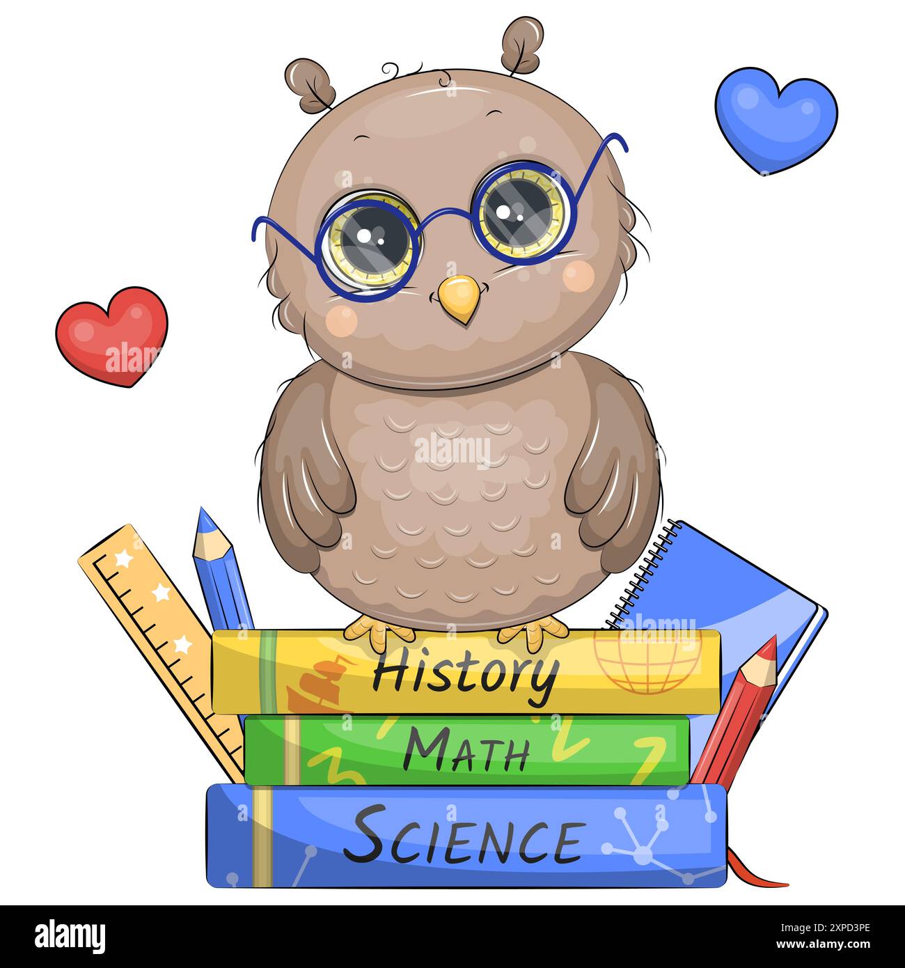 Cute cartoon owl with school books, pencils, notebook and measuring ...
