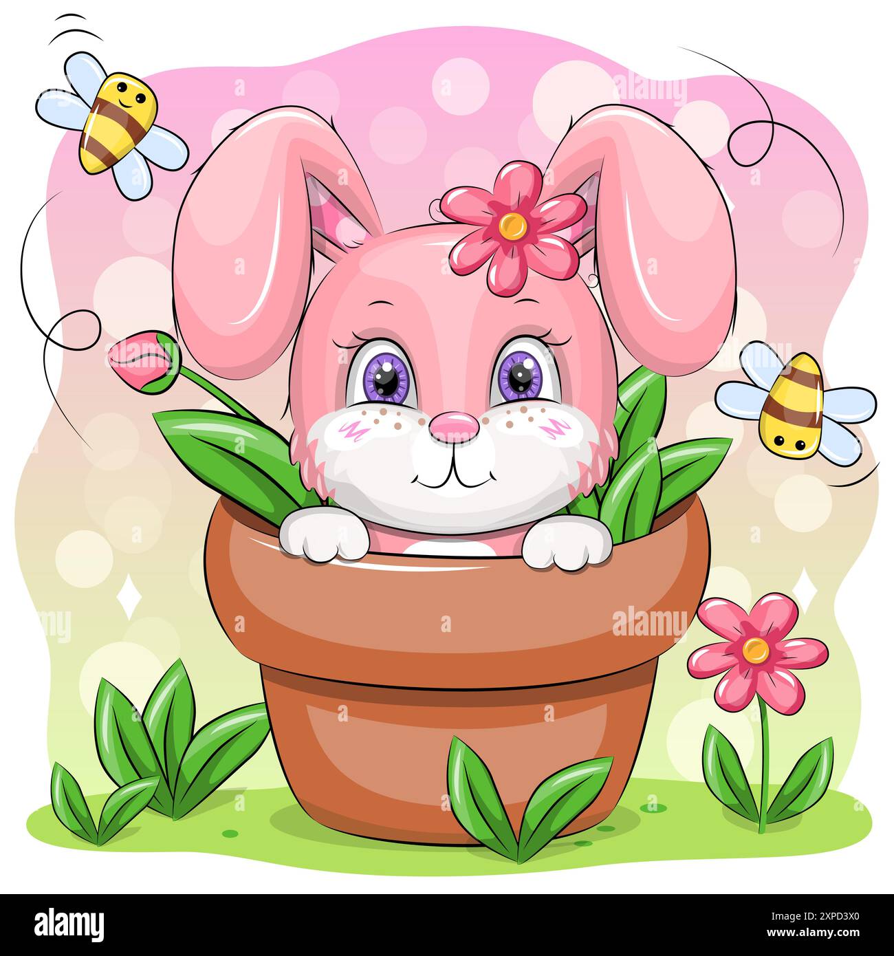Cute cartoon pink baby rabbit in a flower pot with flowers and bees ...