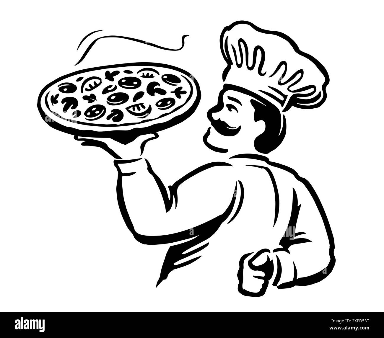 Chef cook with pizza. Restaurant Italian food emblem or logo. Hand ...