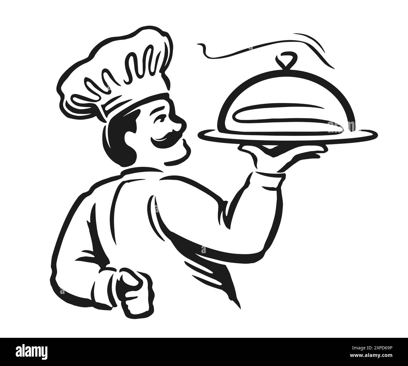 Chef cook holding cloche. Drawing for design of restaurant or cafe menu ...