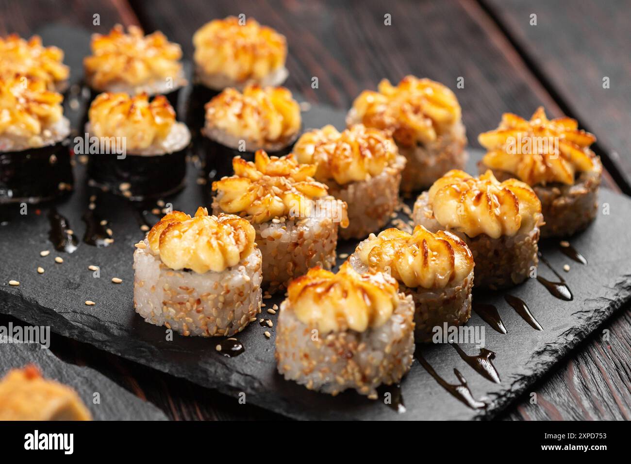 Japanese salmon sushi with spicy mayonnaise - Sushi menu norimaki and ...