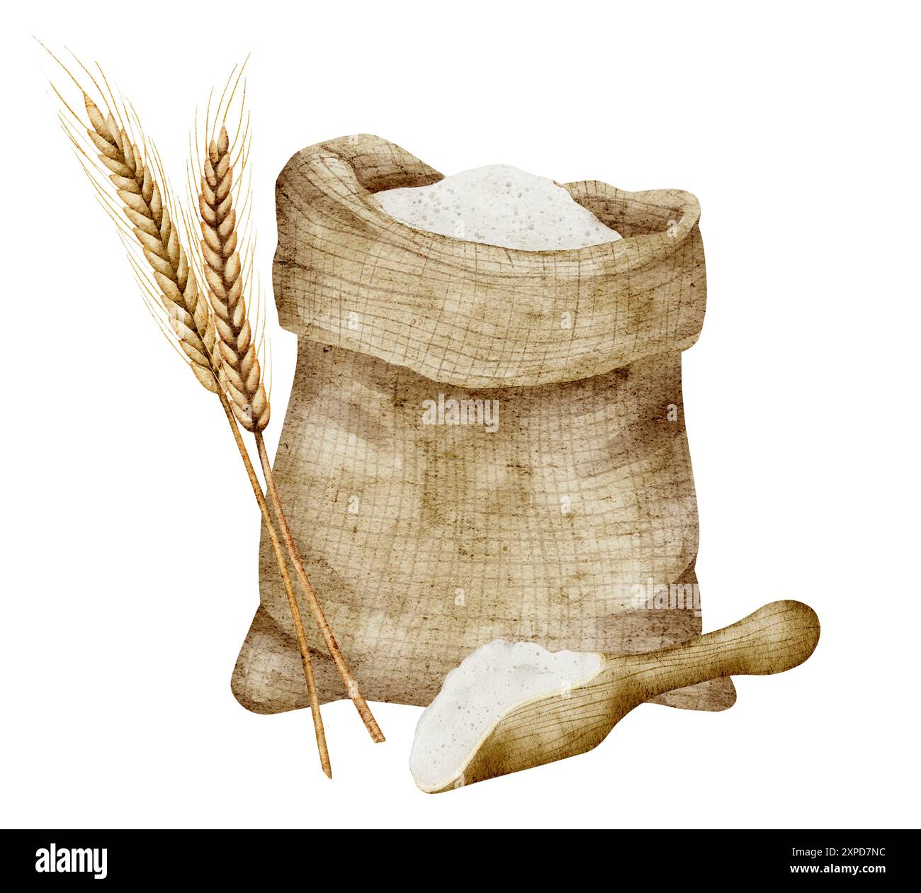 Sack of Flour with Scoop and Spikelets watercolor illustration. Drawing ...