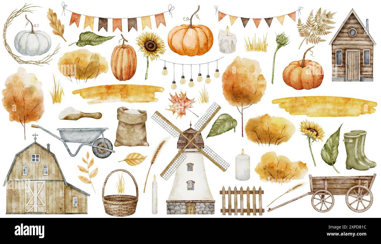 Harvest watercolor clipart set with wind mill, rustic house, pumpkins ...