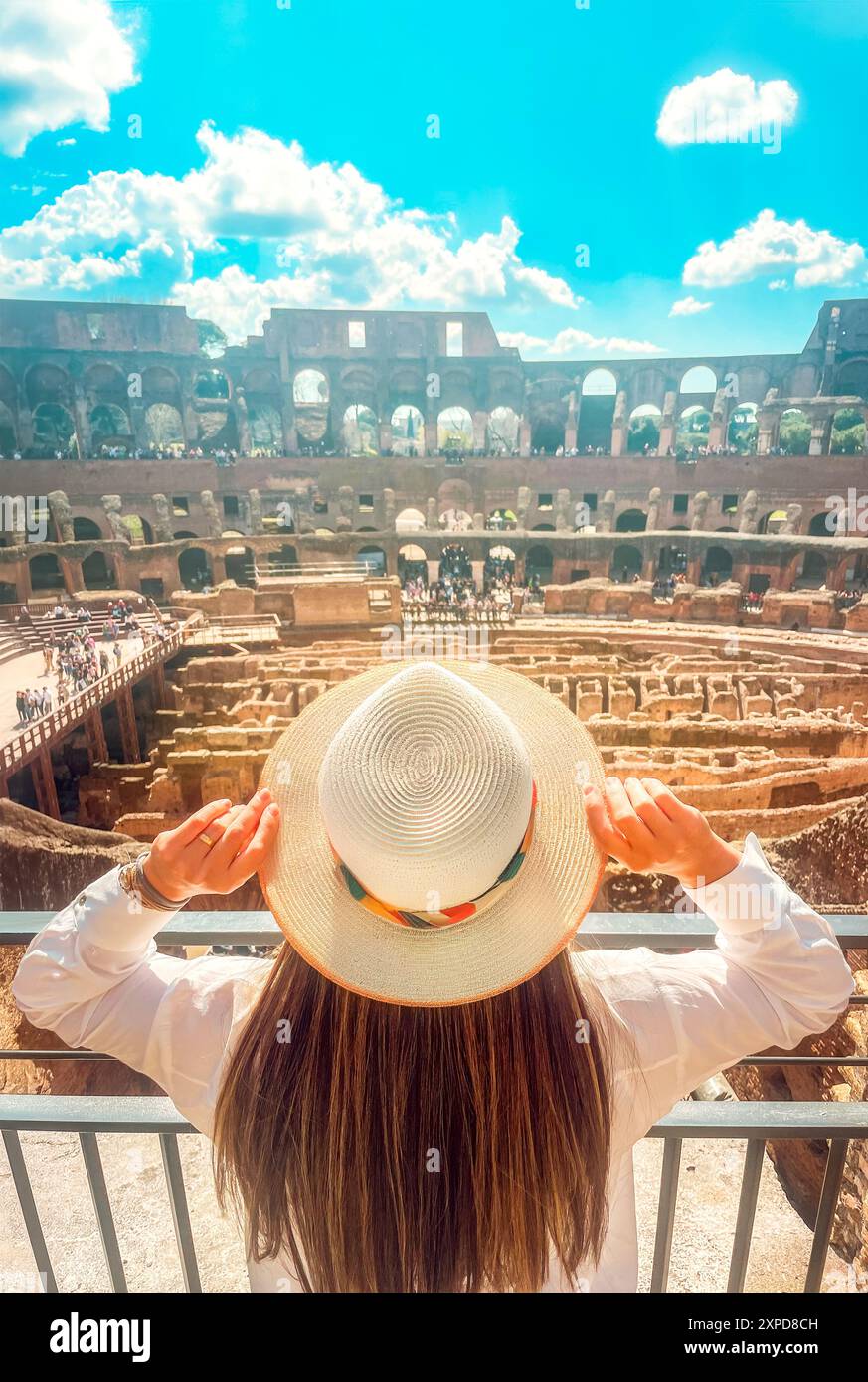 Rome, Italy - Young solo traveler woman in sunhat sightseeing Coliseum ...