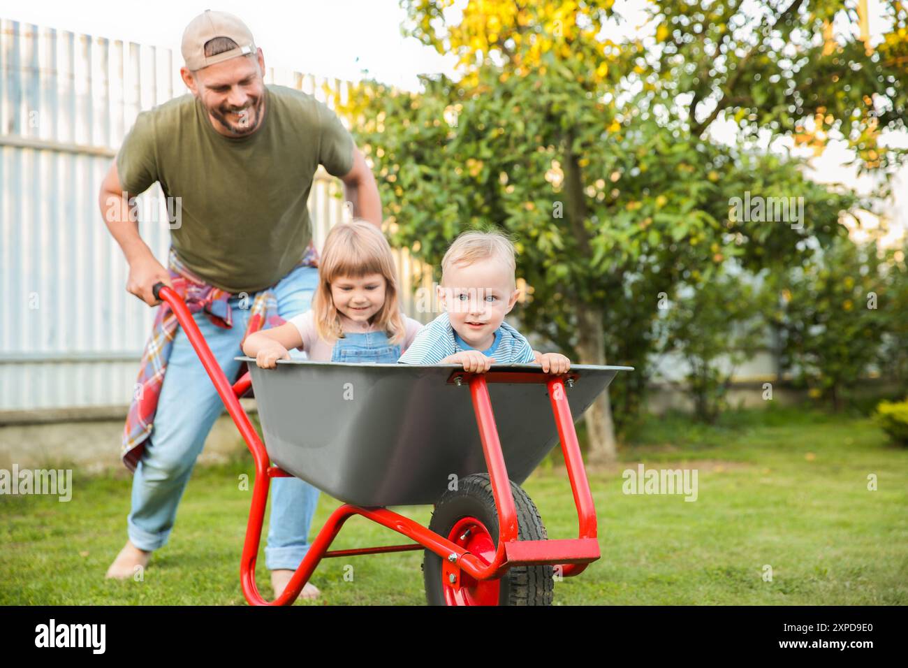 Father pushing wheelbarrow with his kids outdoors, space for text Stock ...