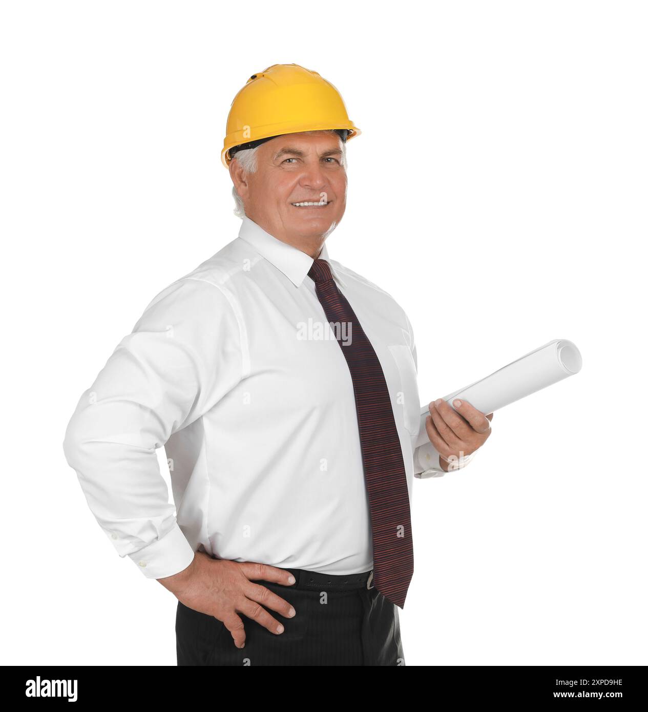 Engineer in hard hat with draft on white background Stock Photo - Alamy