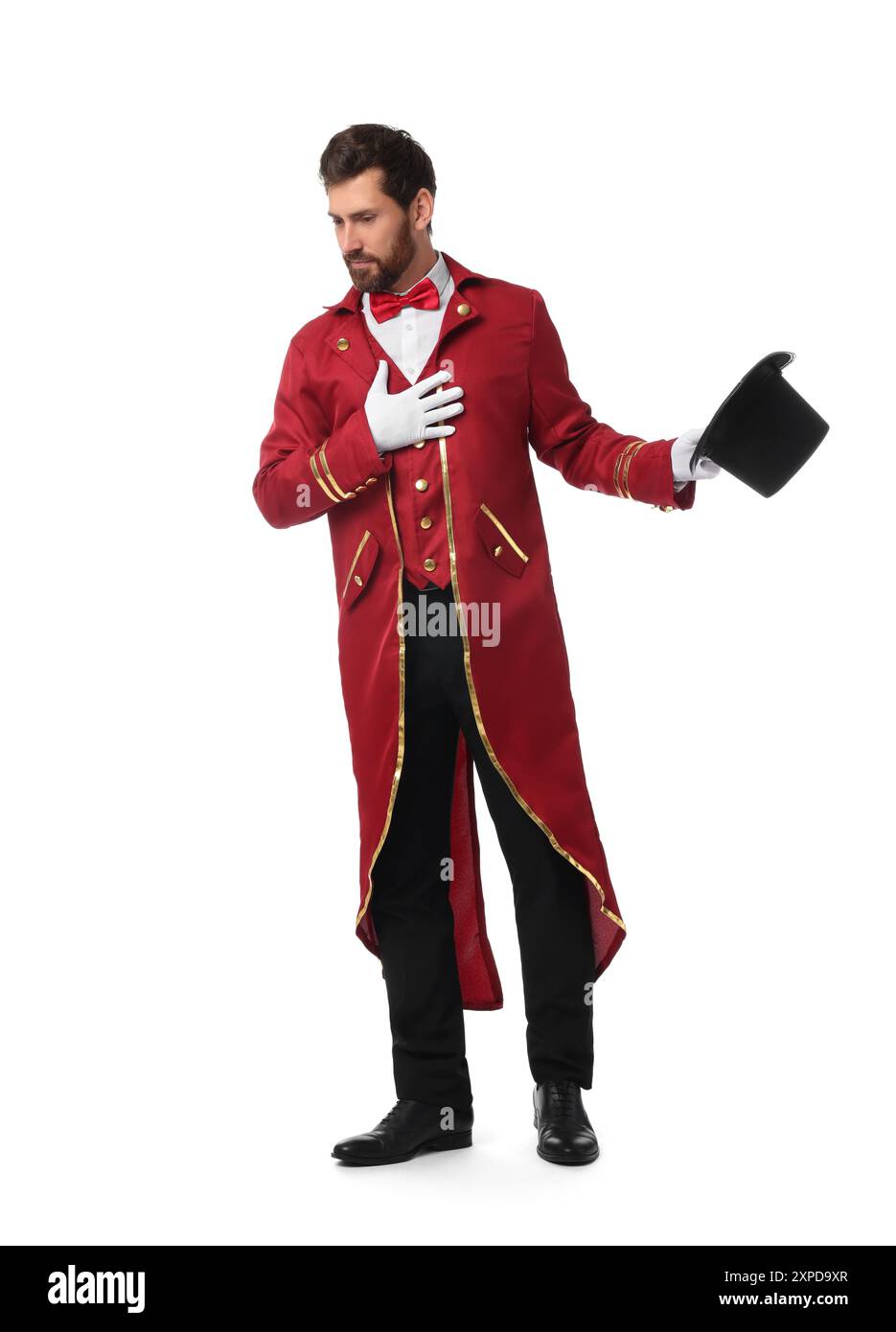 Portrait of showman in red costume and hat on white background Stock ...