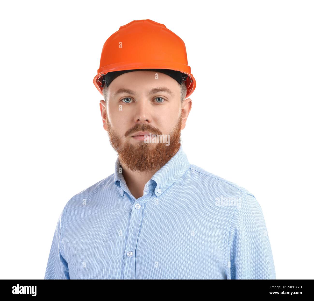 Engineer in hard hat on white background Stock Photo - Alamy