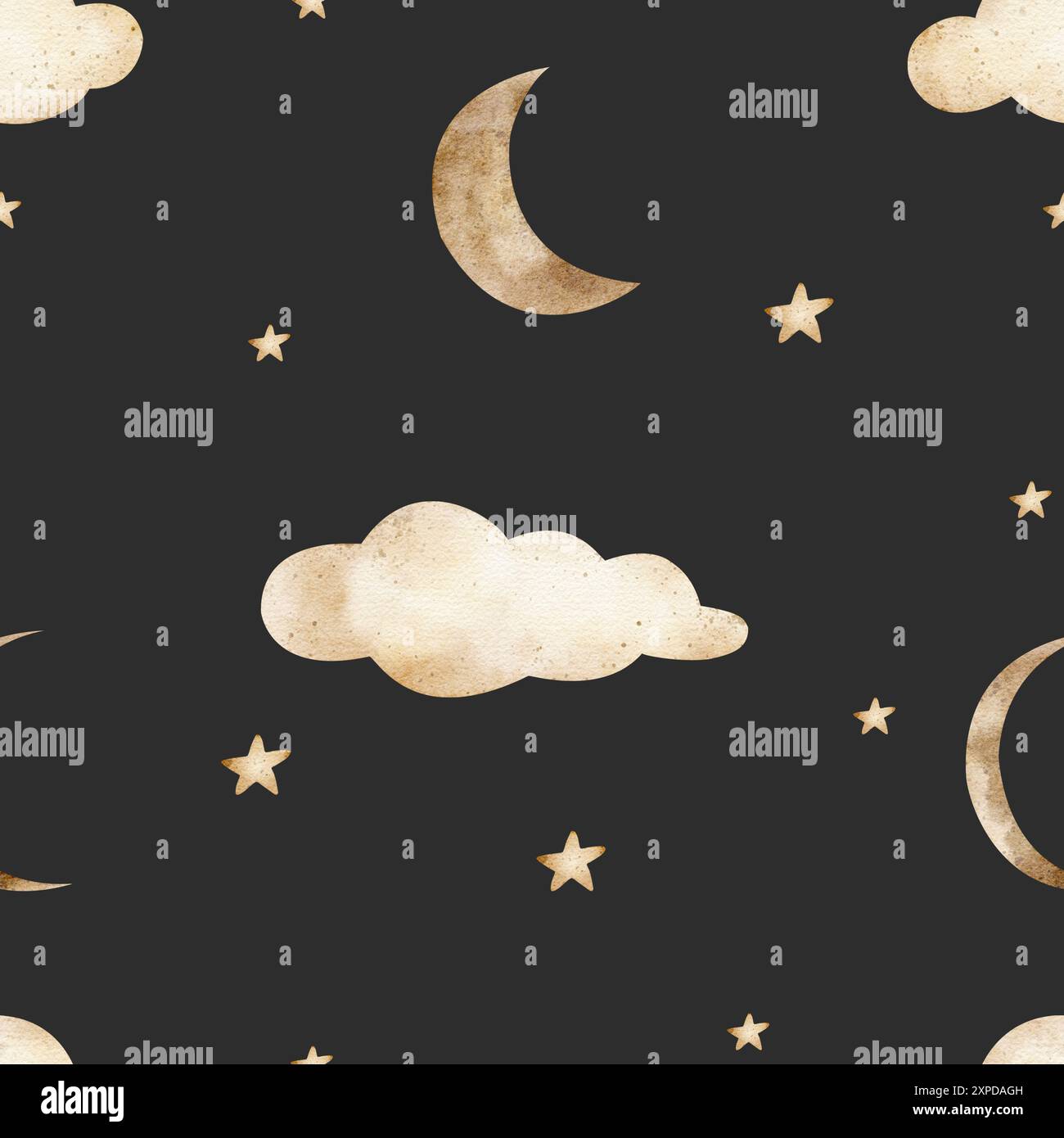 Pattern moon in clouds stars. Watercolor illustration for textiles ...