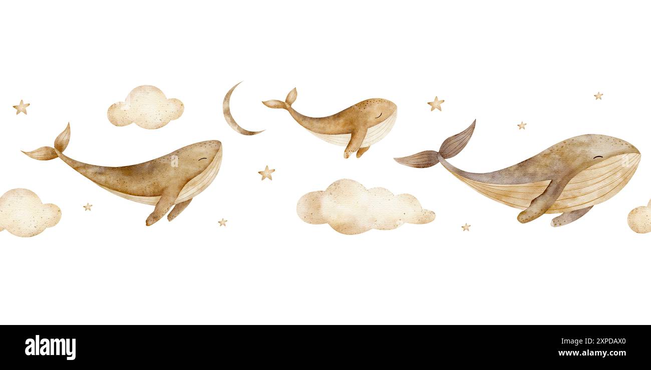 Border whales in clouds with moon. Watercolor illustration for banner ...