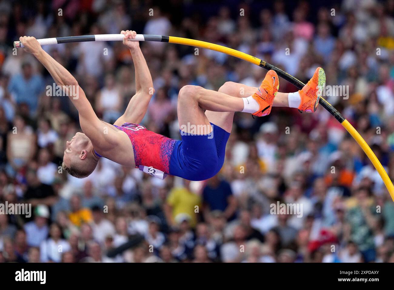 Sam Kendricks, of the United States, competes during the men's pole ...