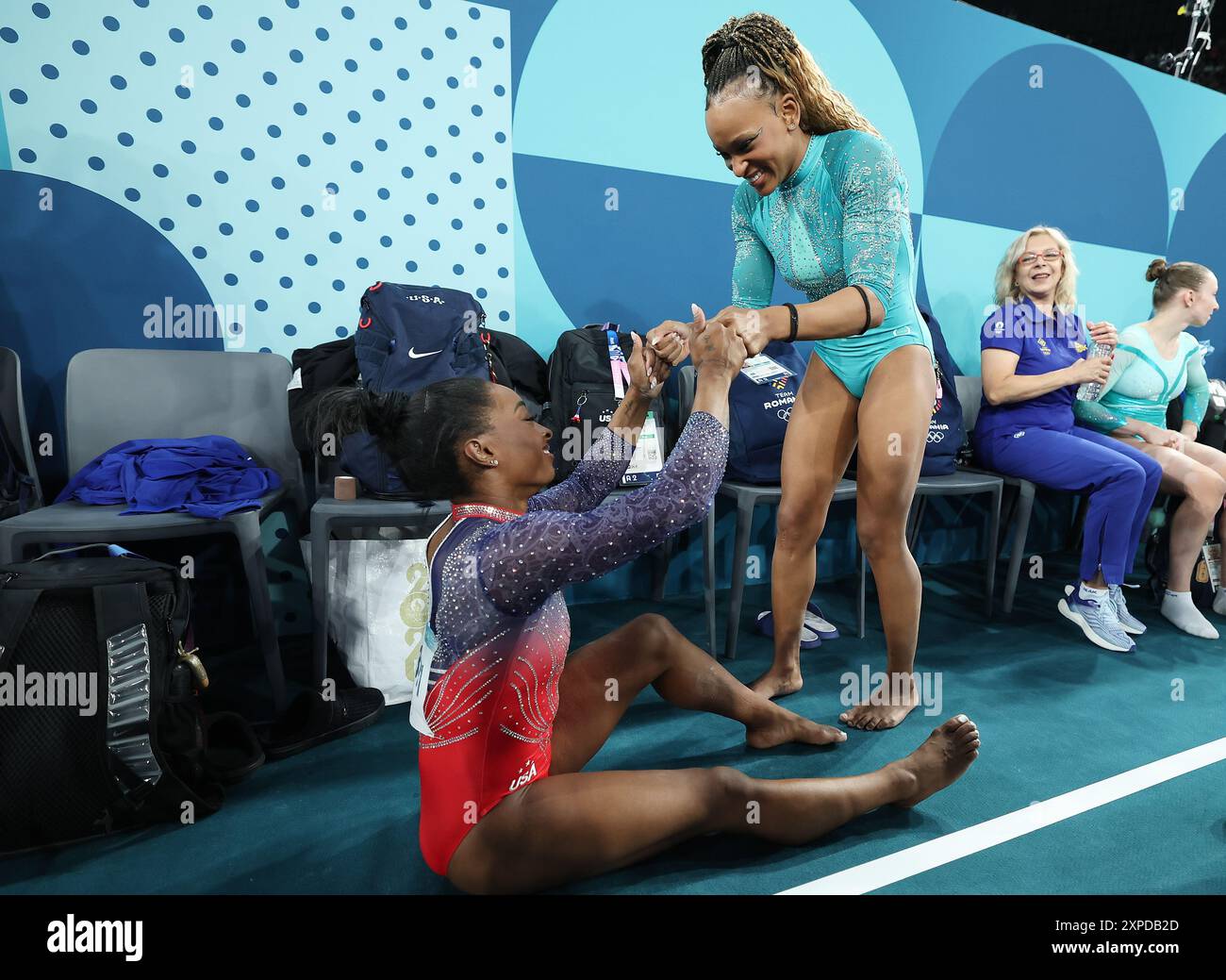 Paris, France. 5th Aug, 2024. Rebeca Andrade (R) of Brazil greets ...