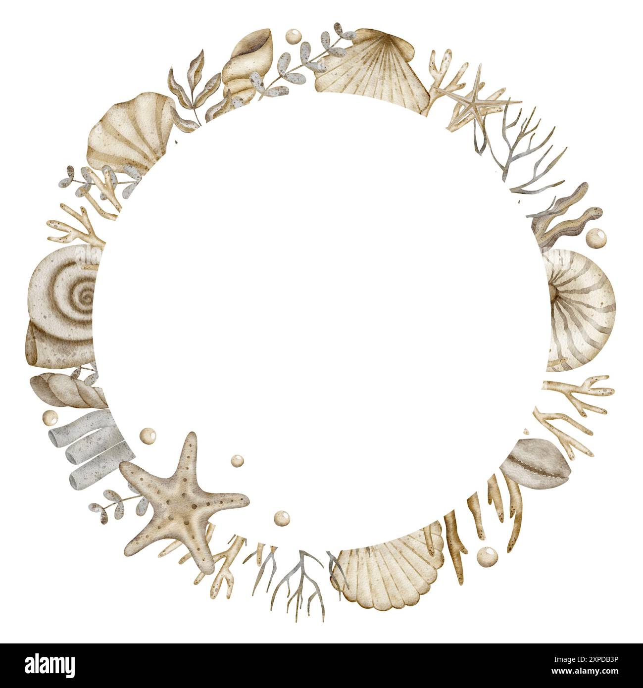 Watercolor wreath frame of shells, starfish, seaweed, corals ...