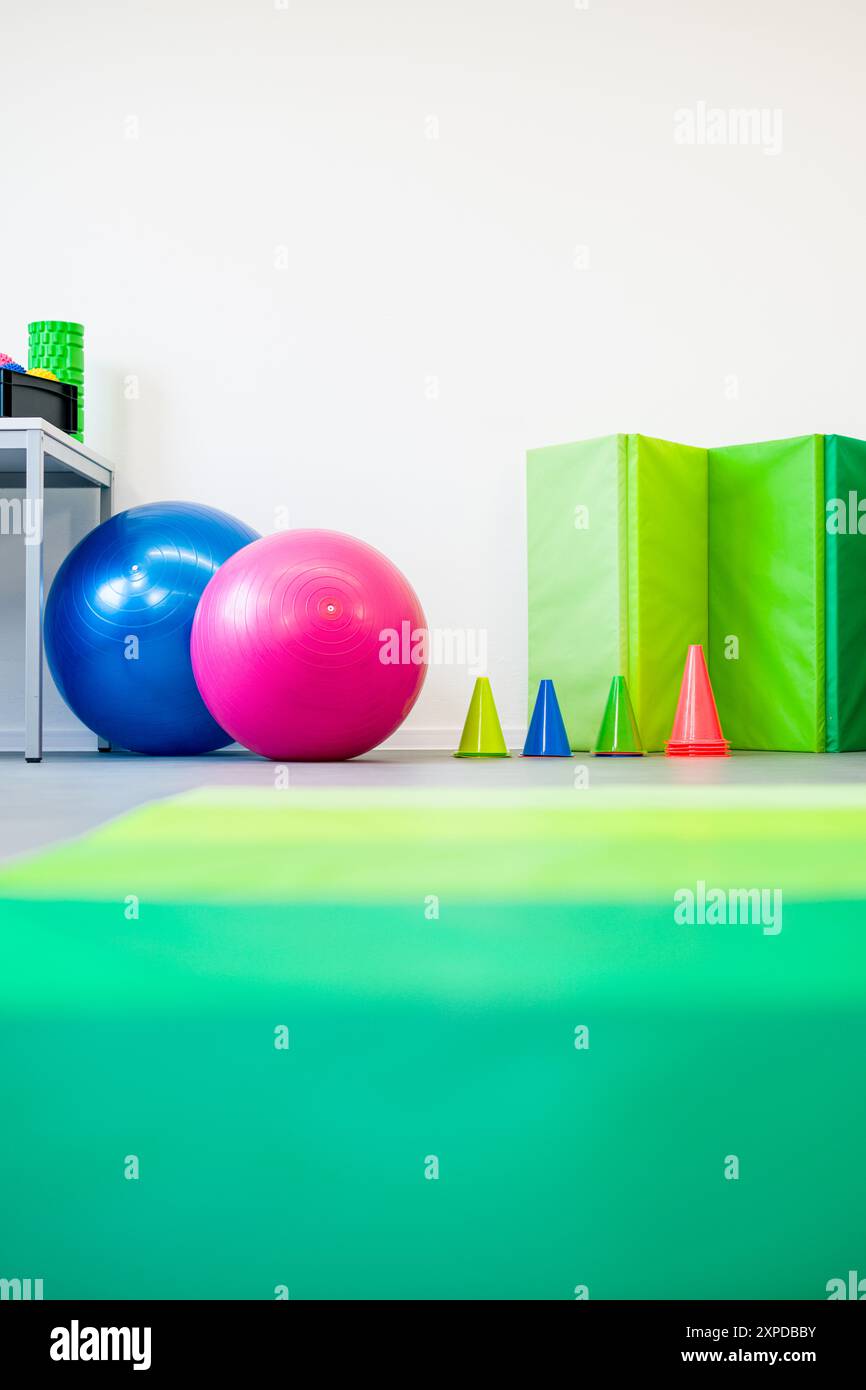 Colorful equipment used in child physical therapy sessions ...