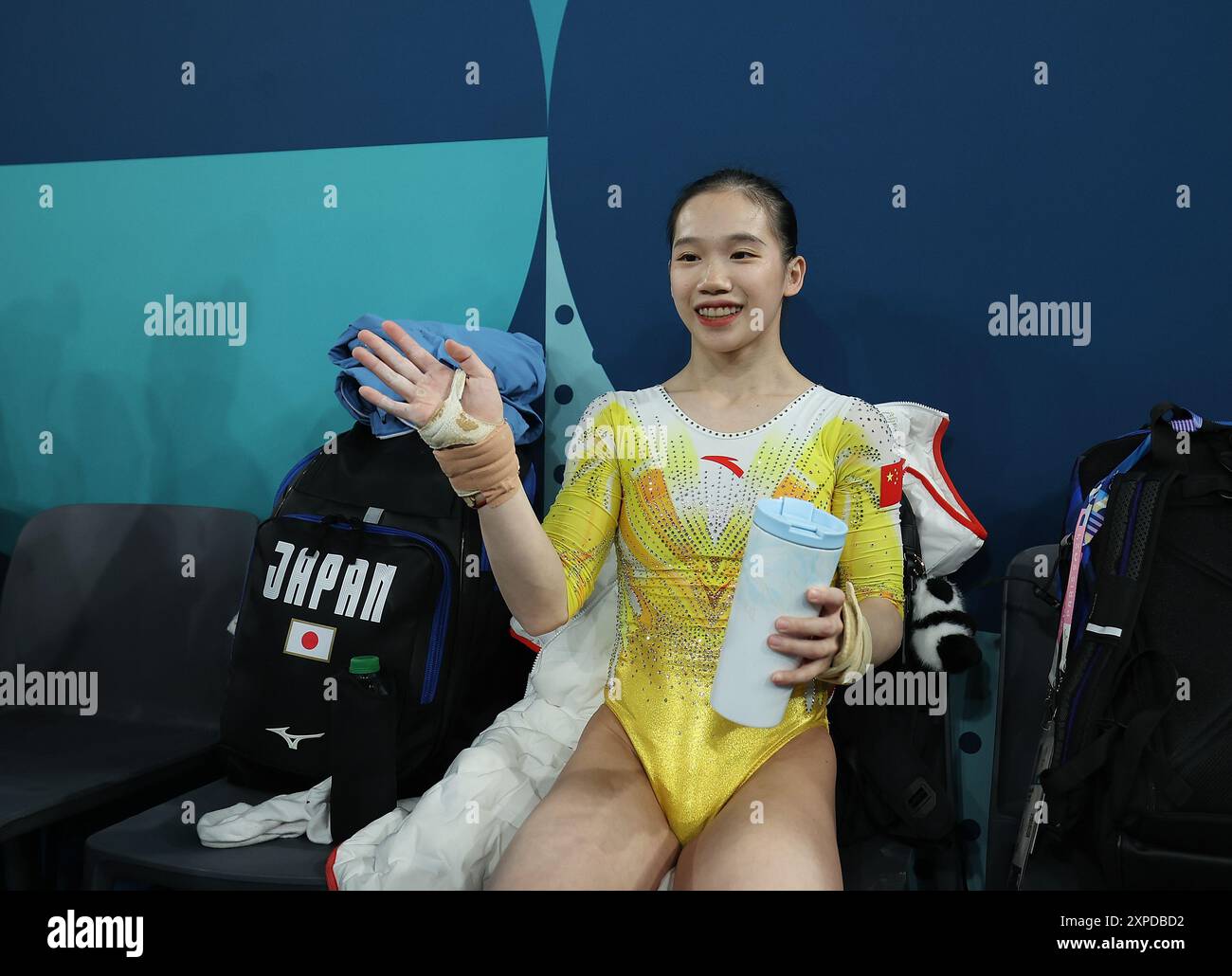 Paris, France. 5th Aug, 2024. Ou Yushan of China reacts after the women's floor exercise final ...