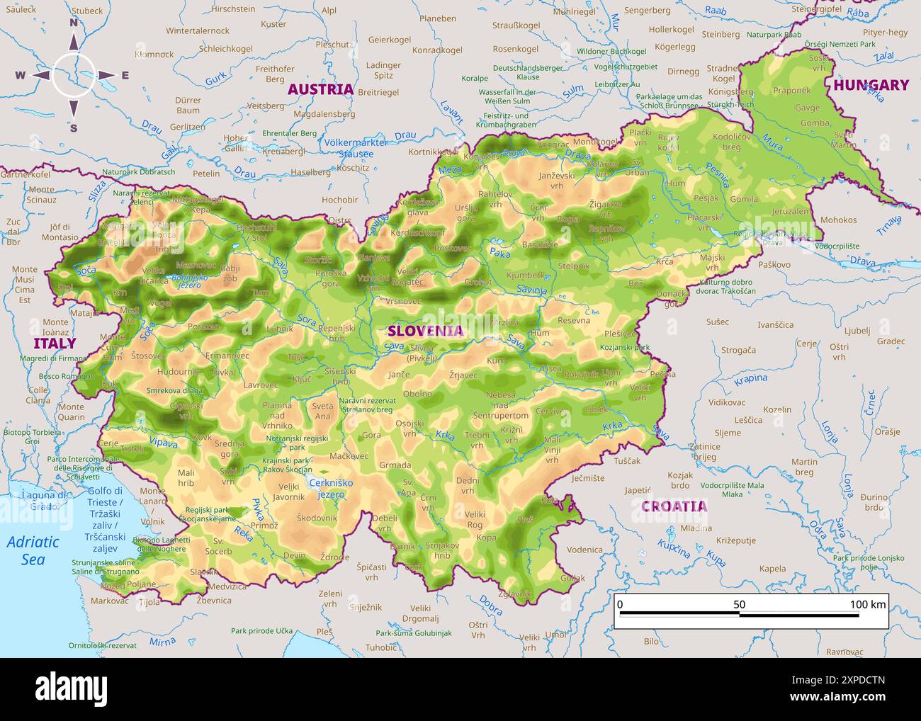 Detailed physical map of Slovenia Stock Vector Image & Art - Alamy