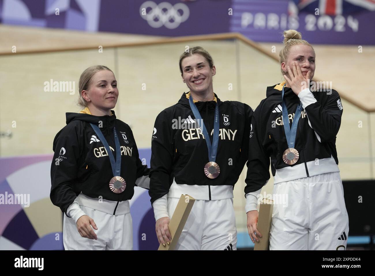 Germany's Lea Friedrich, left, Pauline Grabosch, center, and Emma Hinze ...