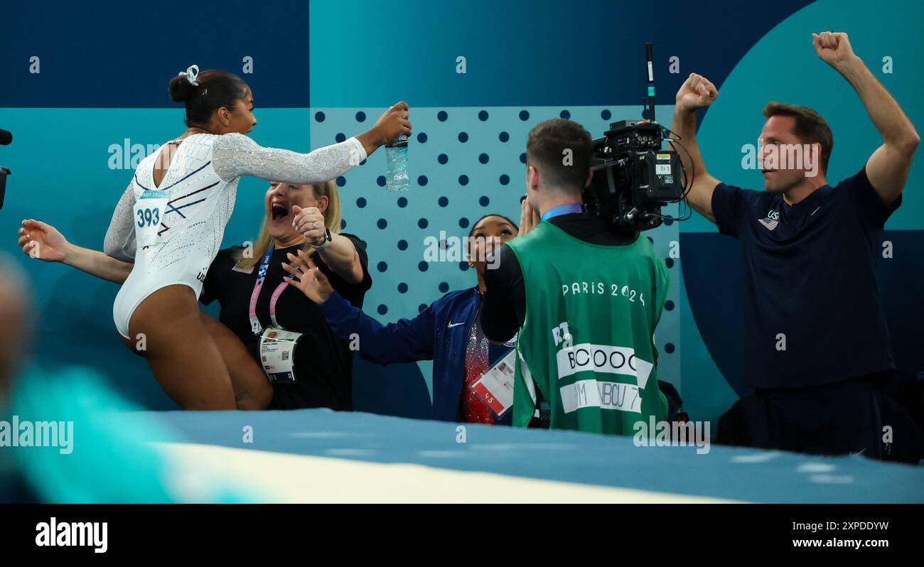 Paris, Ile de France, France. 5th Aug, 2024. Jordan Chiles jumps into ...