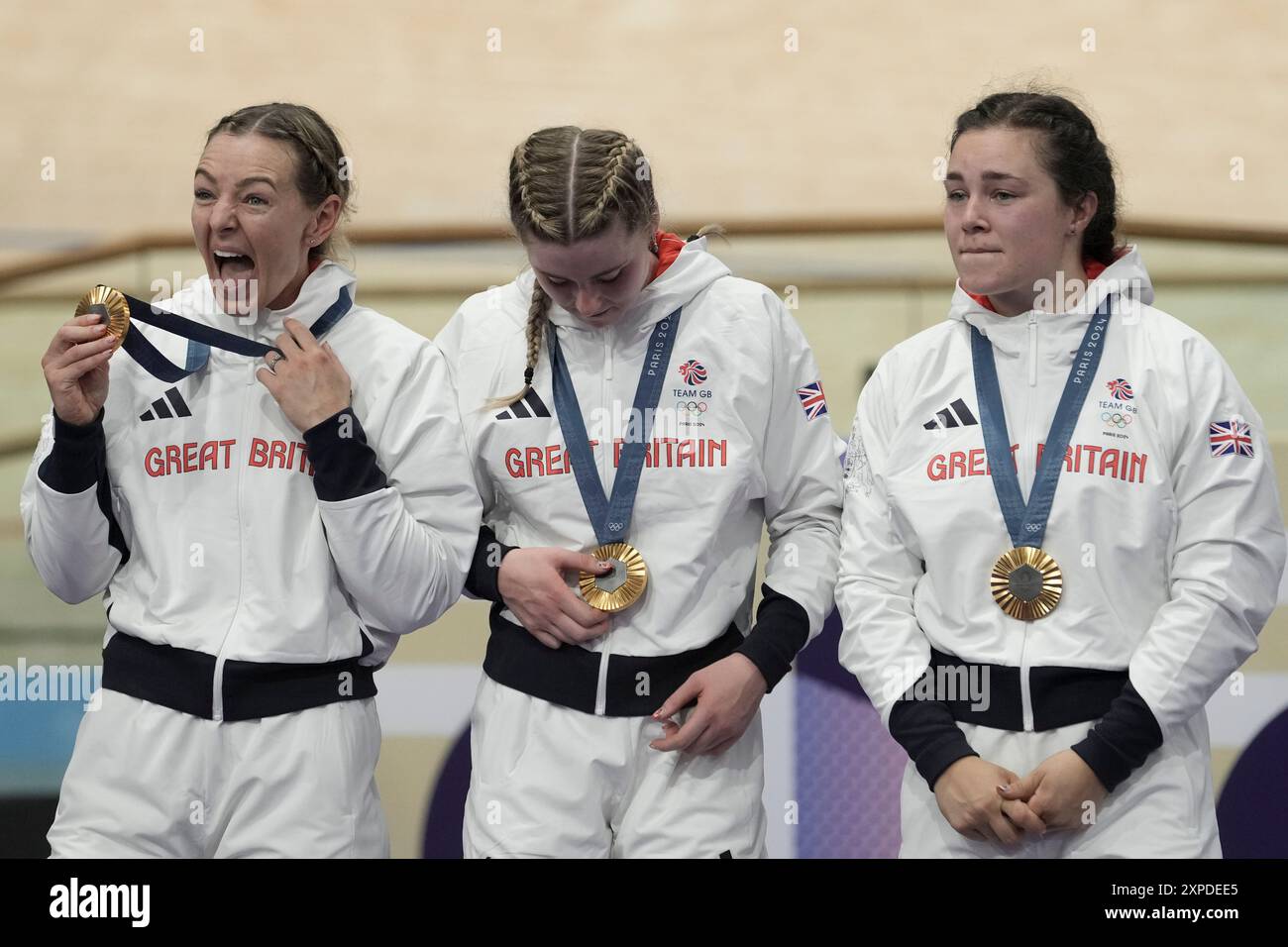 From left, Britain's Katy Marchant, Emma Finucane and Sophie Capewell ...