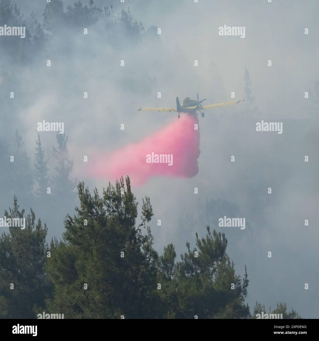 A firefighting airplane flying through smoke, dumping fire retardant ...