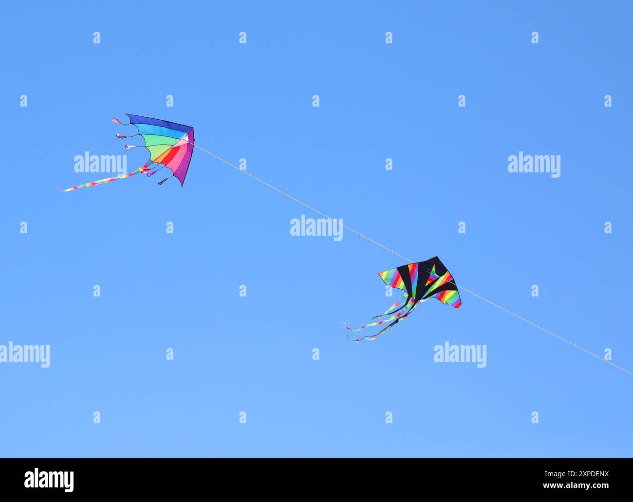 two colorful large kites with rainbow colors flying in the blue sky ...