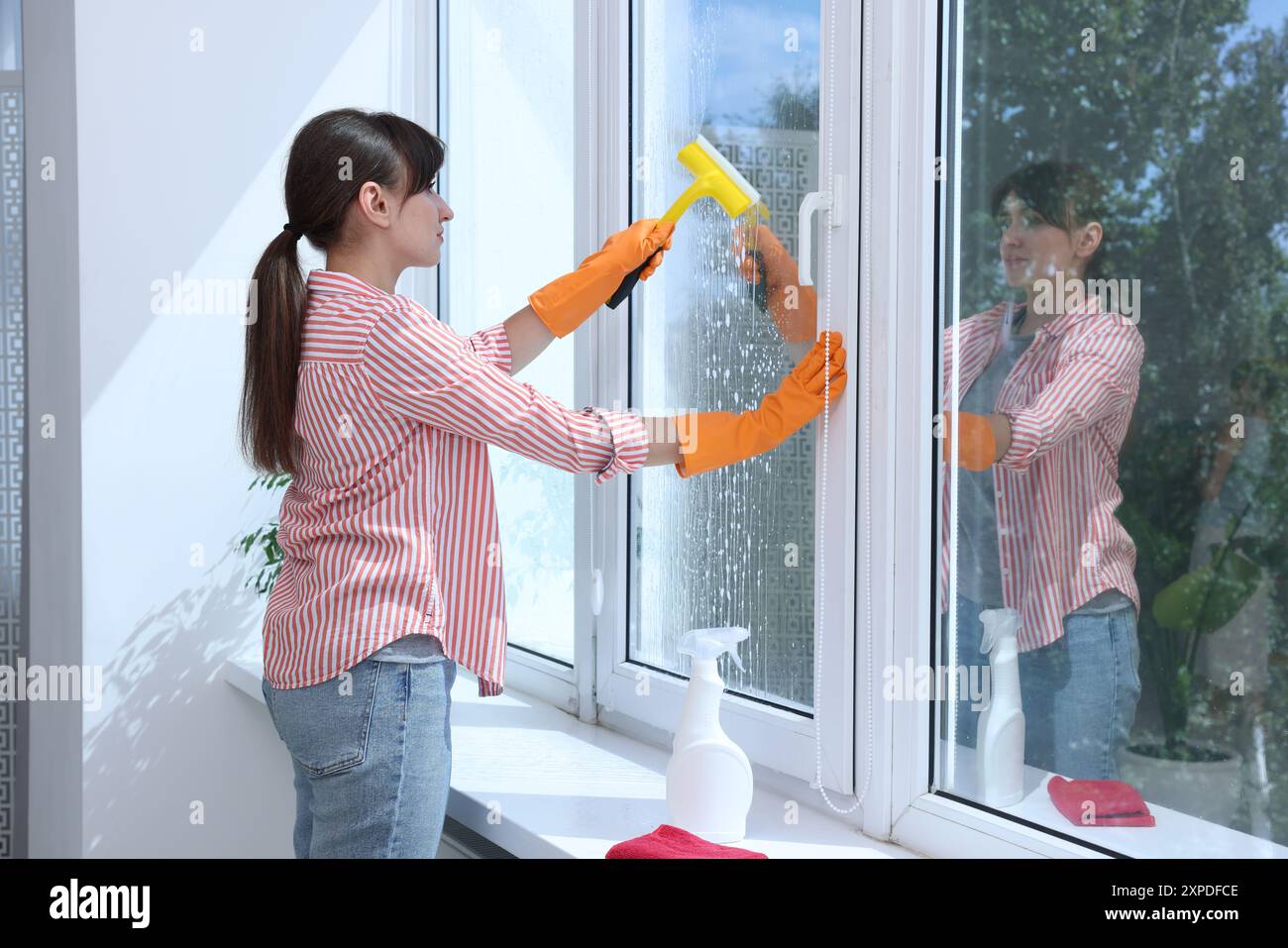 Beautiful young housewife with squeegee cleaning window indoors Stock ...
