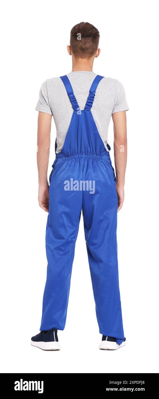 Auto mechanic in uniform on white background, back view Stock Photo - Alamy
