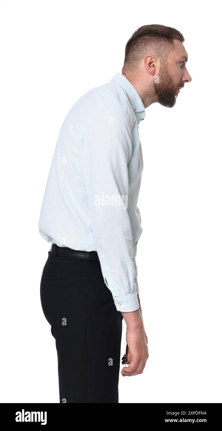 Man with poor posture on white background Stock Photo - Alamy